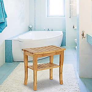 Kinfant Bathroom Bamboo Shower Bench - Spa Bath Shower Stool with Storage Shelf, Wooden Seat for Inside Shower (Style 2)
