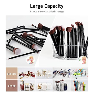 Syntus Makeup Brush Holder Organizer, Acrylic 3 Slot Large Capacity Cosmetic Brushes Storage Box, Clear