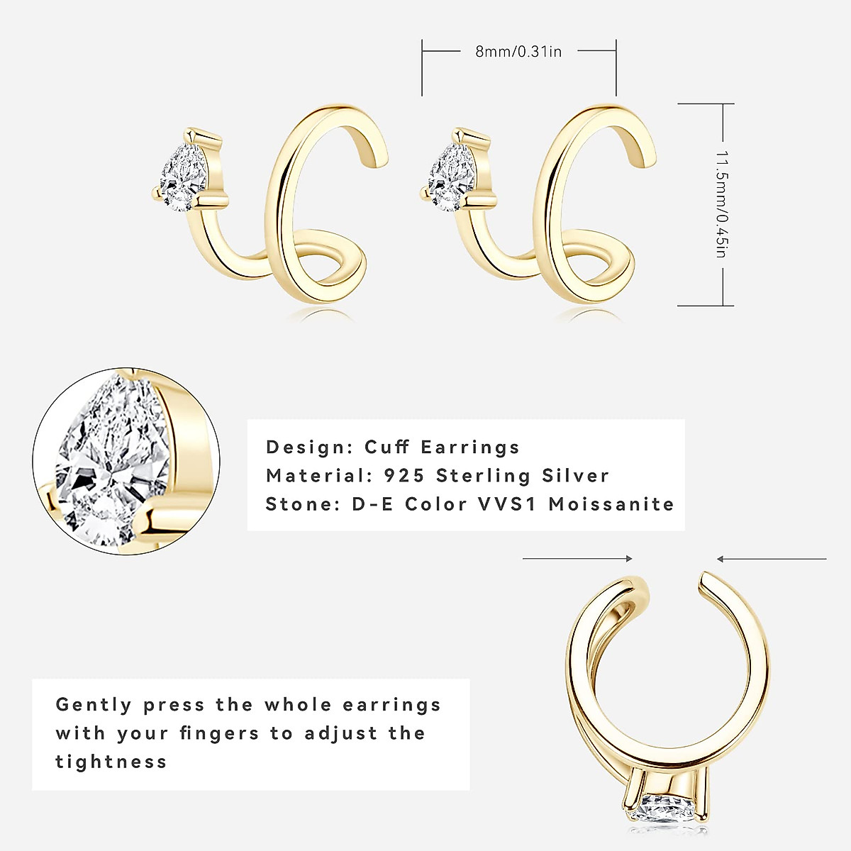 AINUOSHI Ear Cuff Earrings for Women Moissanite Earrings Non-Piercing Clip On Cartilage, 925 Sterling Silver with 14K Yellow Gold Plated, Hypoallergenic, Jewelry Box Packed