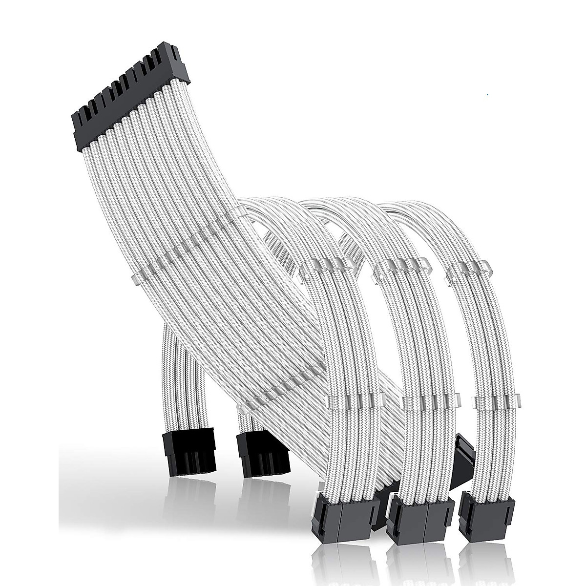 Sleeved Cables, PSU Extension Cable Kit for Power Supply, Fiber Braided ATX EPS PCI-E Cable with Combs, 30CM (White)