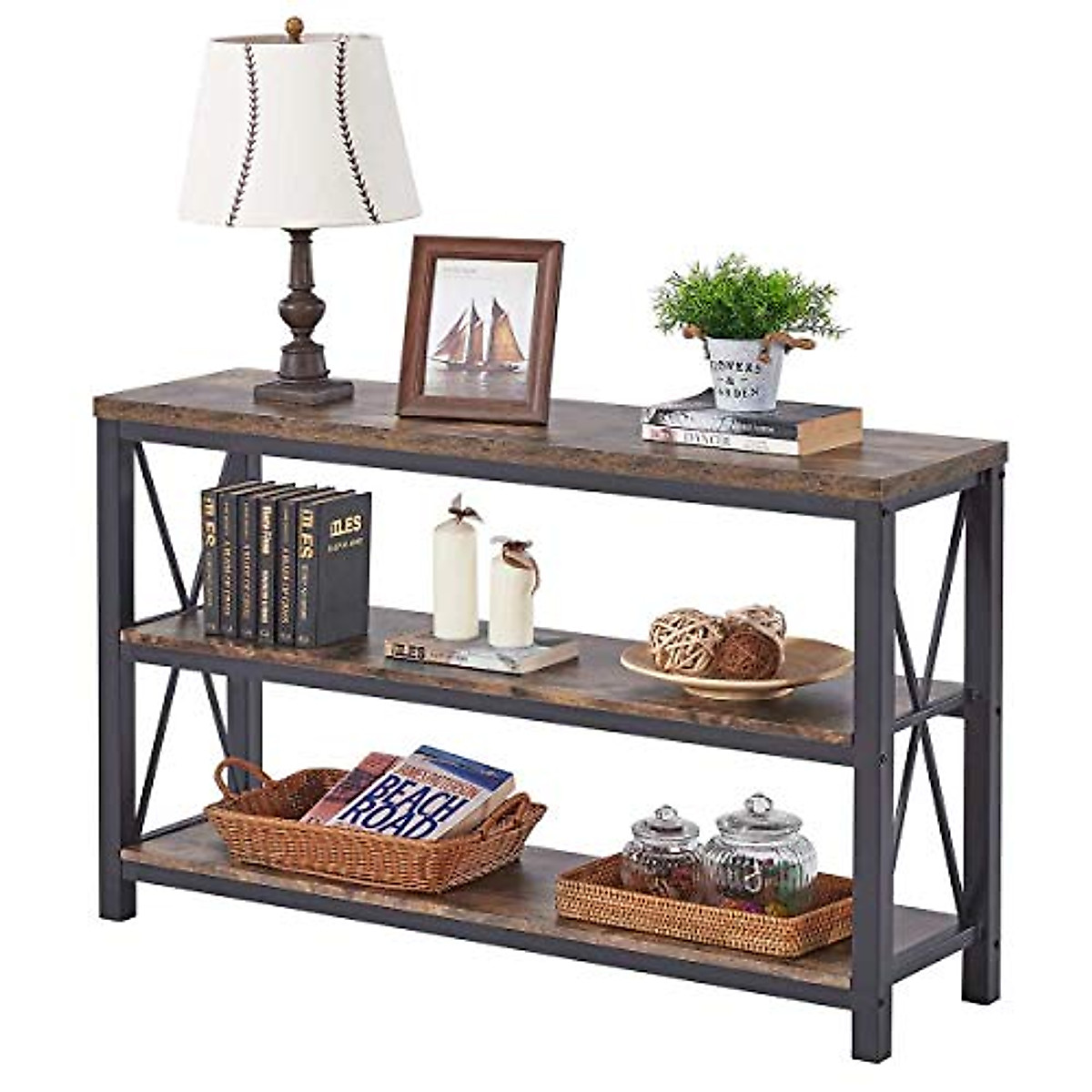 BON AUGURE Industrial Sofa Console Table for Entryway, 3 Tier Foyer Table for Hallway, Rustic Hall Tables Behind Couch (47 Inch, Rustic Brown)