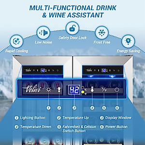 Velivi Wine and Beverage Refrigerator Under Counter, 24 Inch Beverage Fridge Dual Zone with Glass Door, Freestanding & Built In Beverage Cooler with Increase Capacity Space, Advanced Cooling System