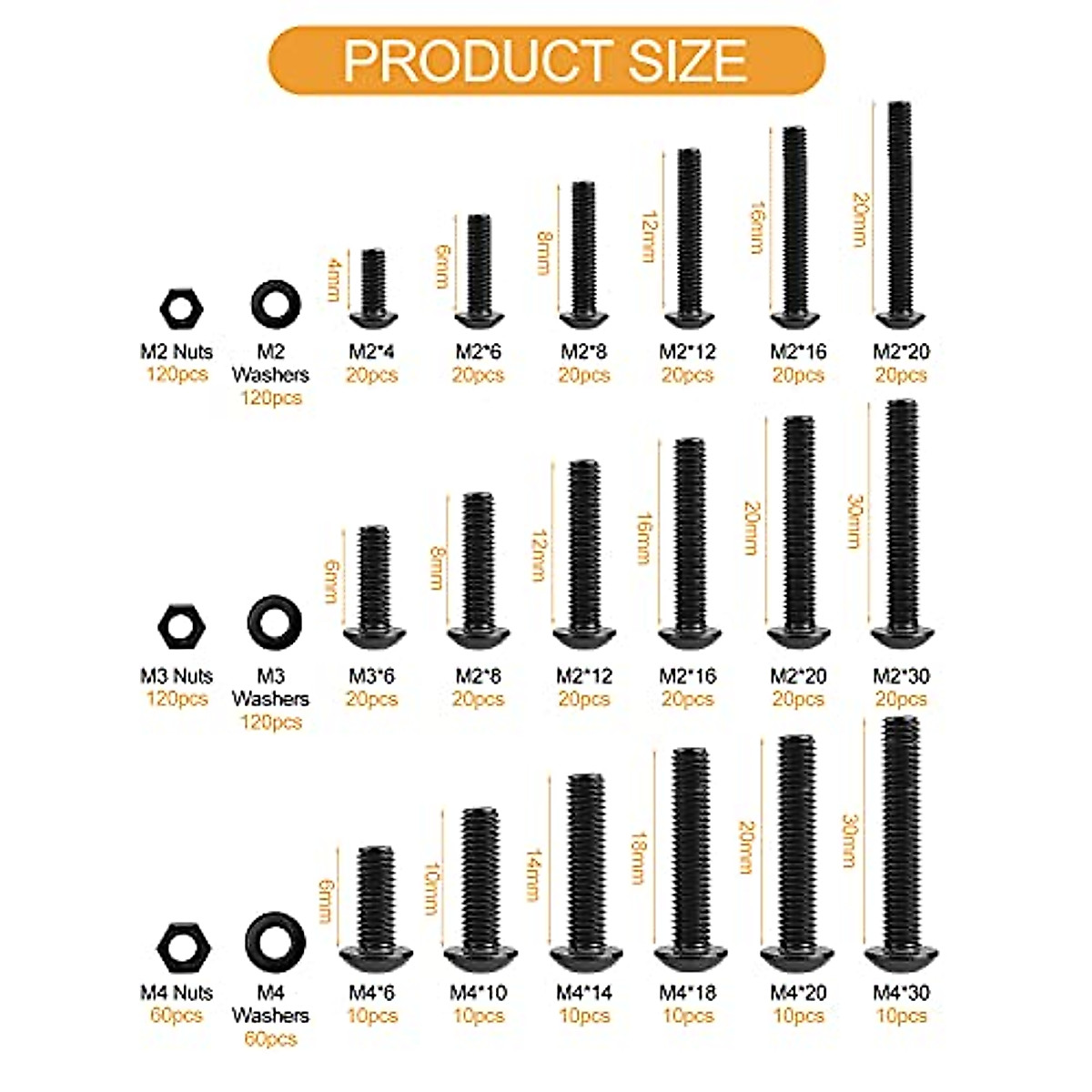 VIGRUE 900PCS M2 M3 M4 Hex Button Head Socket Cap Screws Bolts Nuts Washers Assortment Kit Alloy Steel with Allen Wrench