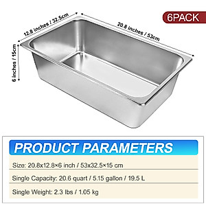 Carivia 6 Pack Full Size Steam Table Pans,Stainless Steel Hotel Pan,1/1 6 Inch Deep Anti Jam Commercial Table Pan,20.8" L x 13" W Catering Pans Food Pans for Hotels, Restaurants and Home Use