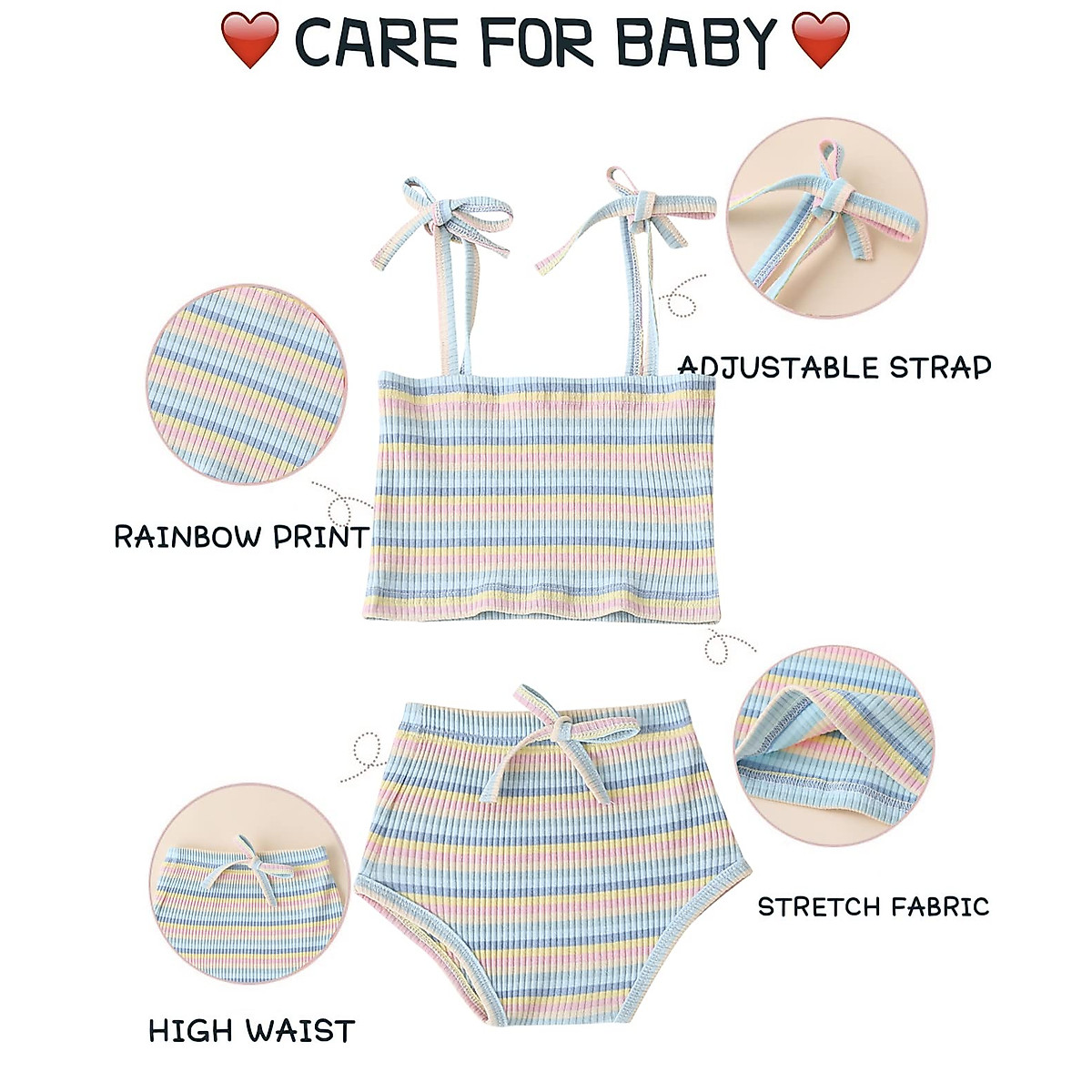 MODNTOGA Newborn Toddler Baby Girls Summer Clothes Set Rainbow Outfits Sleeveless Halter Tank Top Striped Shorts Pants (Blue Yellow, 3-6 Months)