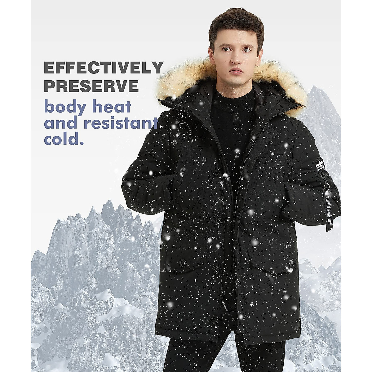 PUREMSX Puffer Jacket Men, Thick Winter Windproof Water Resistant Fur Hood Long Padded Outdoor Parka Coat,Black,X-Small