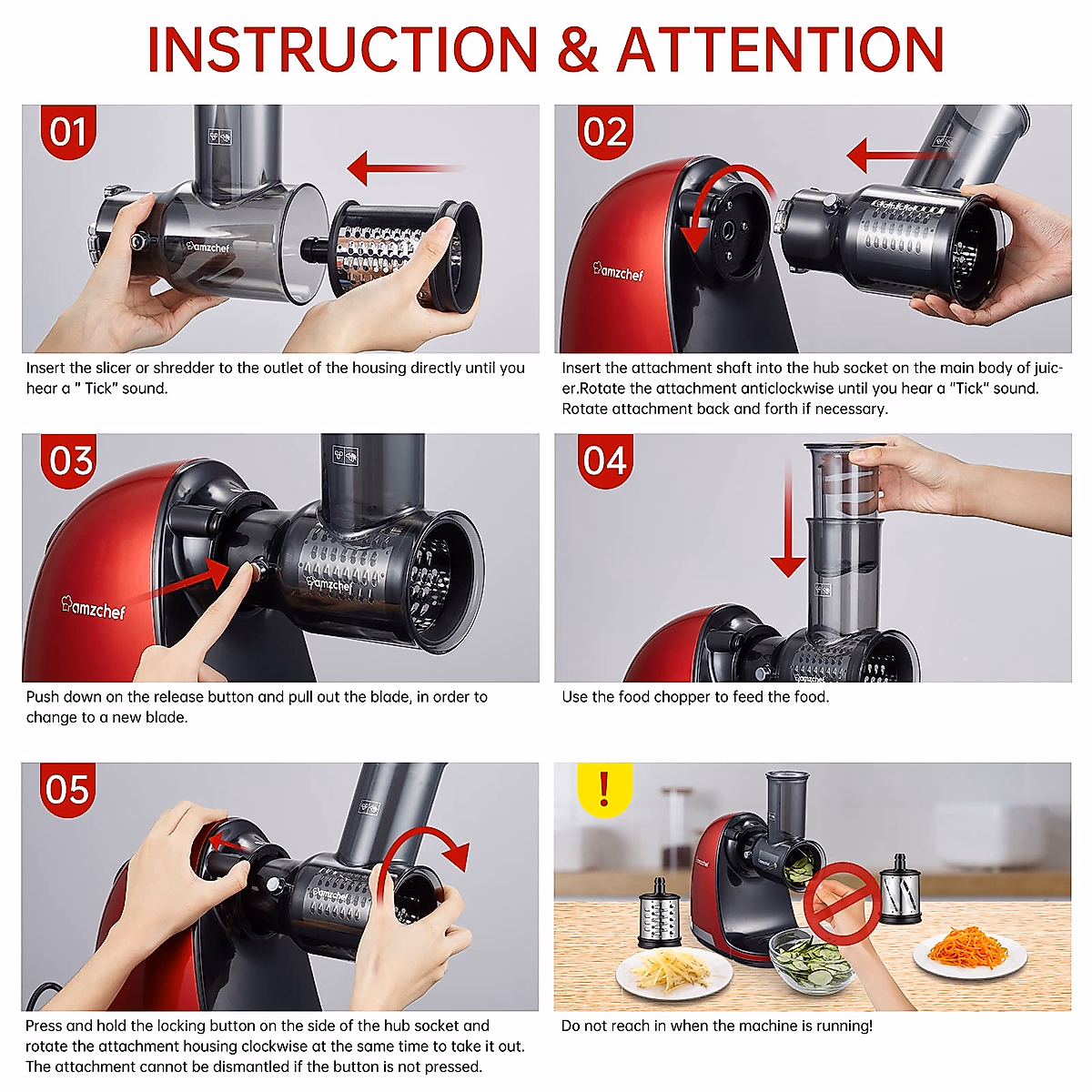 AMZCHEF Slow Masticating Juicer Bundled with Slicer Shredder Attachments, Cold Press Juicer With Silent Motor and Reverse Function,3 Interchangeable blades for Juicing and Shredding Cheese