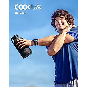 64 oz Water Bottle Insulated with Straw & 3 Lids, Coolflask Large Metal Stainless Steel Water Jug Big Half Gallon Wide Mouth for Sports, Gym or Office, BPA-Free Keep Cold 48H Hot 24H, Magic Black