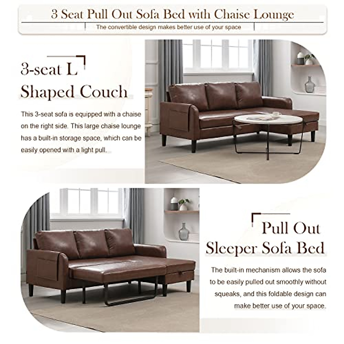PU Leather Pull Out Sleeper Sofa Bed with Chaise, Comfy L Shaped Convertible Sleeper Couch with Storage and Pocket, Sectional 3 Seat Couch for Living Room Furniture or Office, Smooth Back - Brown