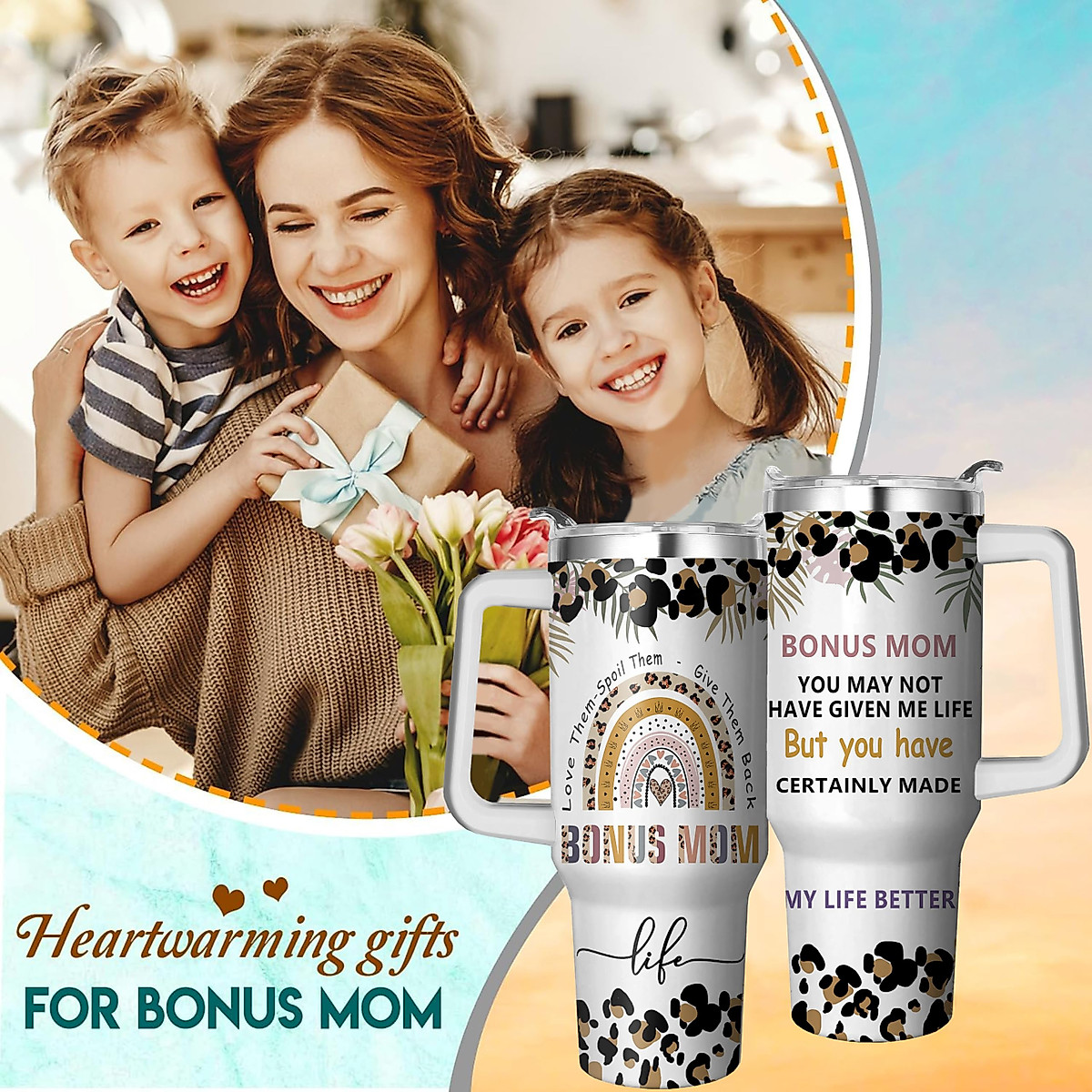 Ksoemar 40 Oz Best Bonus Mom Tumbler with Handle and Straw, Double Wall Stainless Steel Best Bonus Mom Cups, Step Moms Gifts for Ideas for Birthday, Mothers Day For Stepmoms, Mother