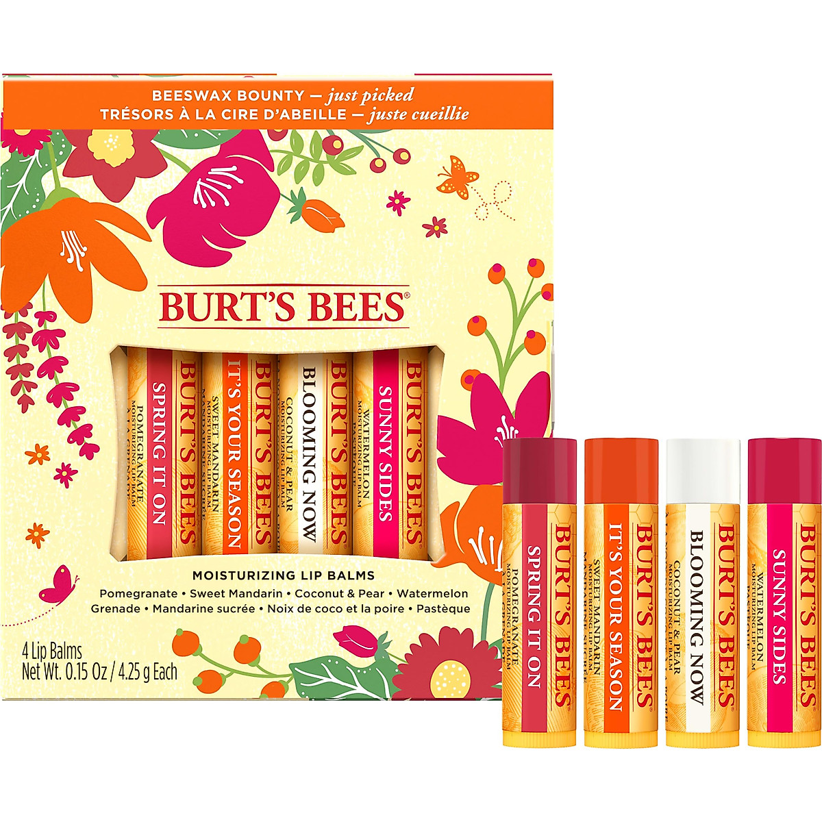 Burt's Bees Gifts, 4 Lip Balm Products, Just Picked Set - Pomegranate, Sweet Mandarin, Coconut Pear & Watermelon (4 Pack)