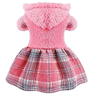 Winter Dog Dress, Cute Warm Fleece Dog Hooded Sweater, for Small Dogs Girl, Pink Plaid Puppy Dresses Clothes for Chihuahua Yorkie,Cat Apparel (Pink, X-Small)