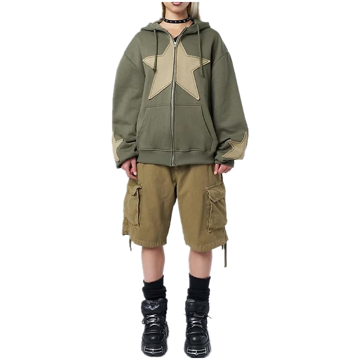 Karwuiio Women Y2k Zip Up Hoodies Star Graphic Long Sleeve Jackets Hip Hop Harajuku Oversized Hooded Sweatshirt(Gray Green,L)