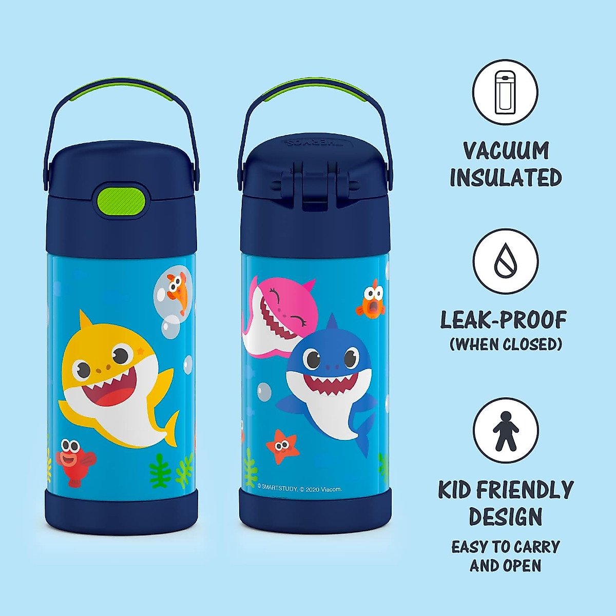 THERMOS FUNTAINER Water Bottle with Straw - 12 Ounce, Baby Shark - Kids Stainless Steel Vacuum Insulated Water Bottle with Lid