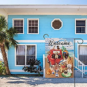 Hzppyz Welcome Summer Dogs Red Truck Beach Garden Flag Double Sided, Coastal Nautical Pickup Decorative Yard Outdoor Small Decor Home Outside Decoration 12 x 18