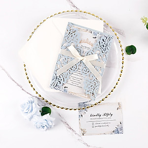 Maffily 50pcs Laser Cut Wedding Invitation Pockets 5x7 '' Dusty Blue Wedding Invitations Kit With Envelopes Blank Inner Sheet and Ribbon for Wedding Bridal Shower Quinceanera Engagement Party Invite