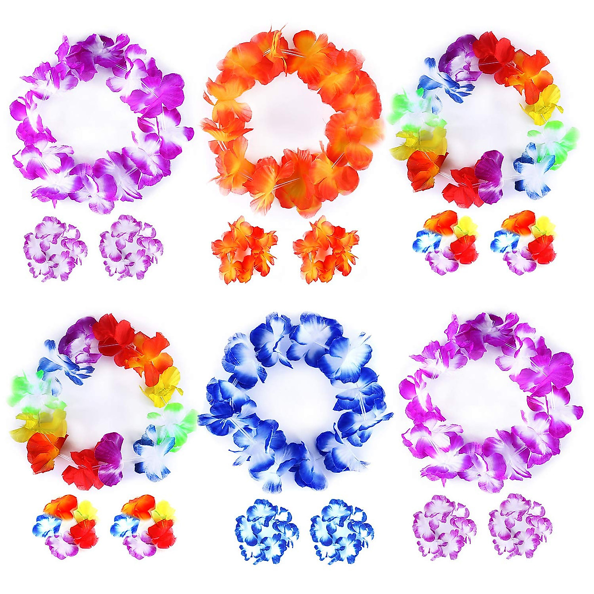 GINMIC Hawaiian Leis, Luau Party Favors,64Pcs Tropical Hawaiian Party Necklace,Hawaiian Plumeria Flower Hair Clip,Headbands and Wristbands, For Kids or Adults Party Supplies, Birthday, Wedding