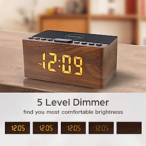 ANJANK Wooden Digital Alarm Clock FM Radio, Fast Wireless Charger Station for iPhone/Samsung Galaxy, 5 Level Dimmer, USB Charging Port, 2 Sounds, Sleep Timer, Wood LED Clock for Bedroom, Bedside, Desk