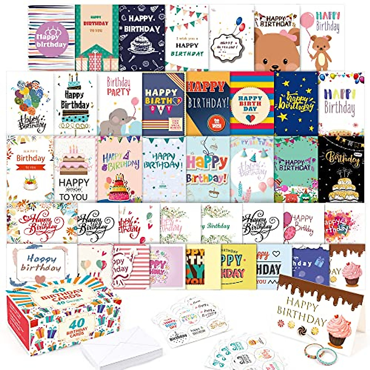 feela Birthday Cards, 40 Pack 40 Designs Happy Birthday Card Assorted Bulk with 40 Blank Envelopes 48 Pieces of Stickers 2 Washi Tapes, 4 X 6 Inches Greeting Cards For Girls Family Friends