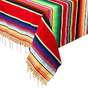 OurWarm 84 X 59 Inch Mexican Tablecloth Serape Blanket, Upgraded Mexican Blankets with Pom Pom Trim for Mexican Party Wedding Cinco De Mayo Fiesta Decorations, Large Outdoor Fiesta Table Cover Picnic