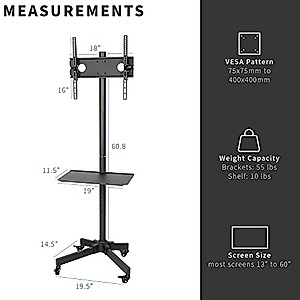 VIVO Mobile TV Cart for 13-60 inch Screens up to 55 lbs, LCD LED OLED 4K Smart Flat and Curved Panels, Rolling Stand, Laptop DVD Shelf, Locking Wheels, Max VESA 400x400, Black, STAND-TV04M