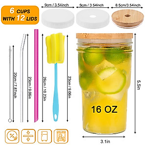 Moretoes 6pcs 16oz Glass Cups with Lids and Straws, Glass Iced Coffee Cups Cute Travel Tumbler Cups, Drinking Jars Set Reusable Boba Bottle for Jumbo Smoothie, Cold Brew, Soda, Juice