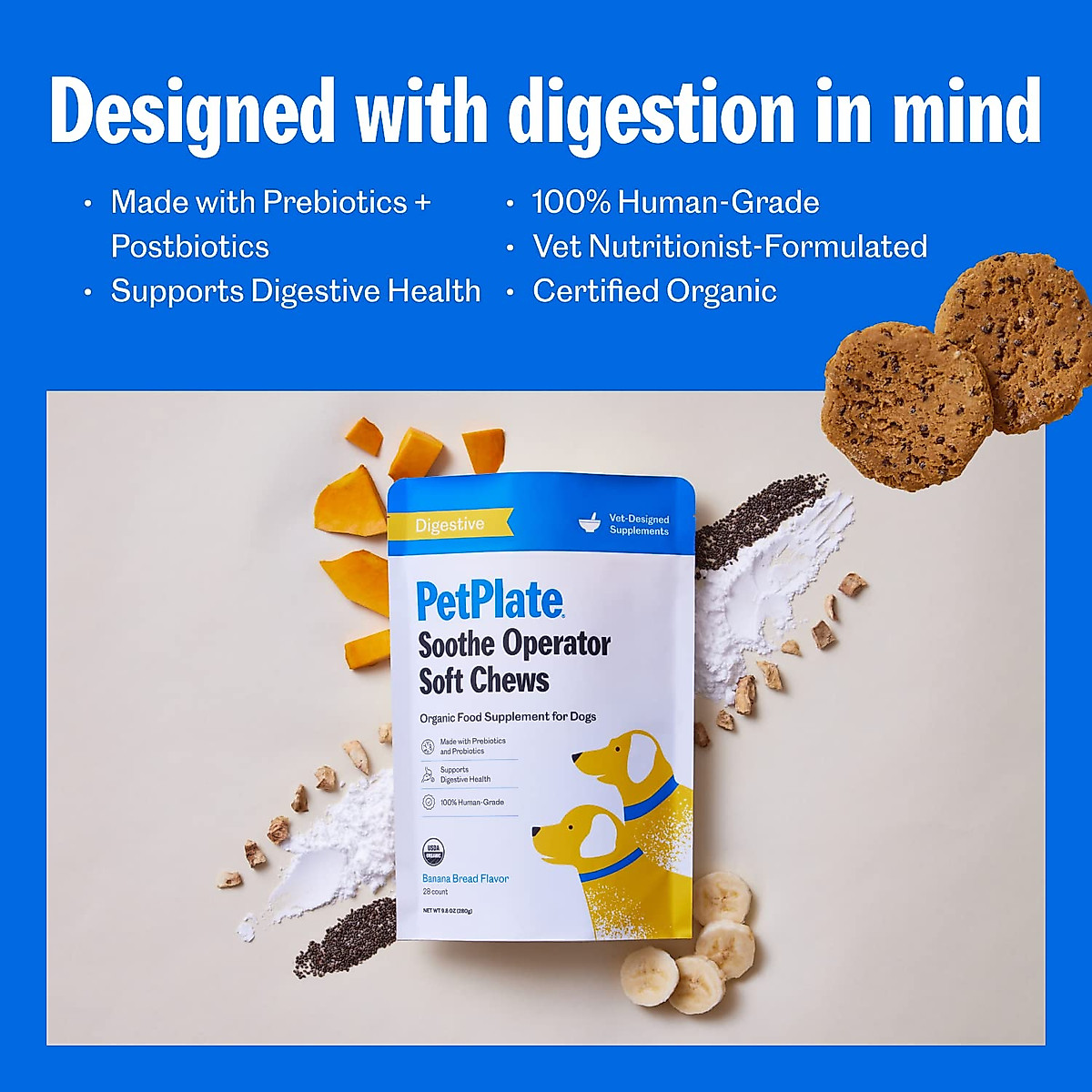 PetPlate Soothe Operater Digestive Soft Chews for Dogs, Made with Prebiotics & Probiotics, USDA Organic Supplement, Grain-Free, Human-Grade, Pet Supplies, (Pack of 1, 9.8 Ounce)