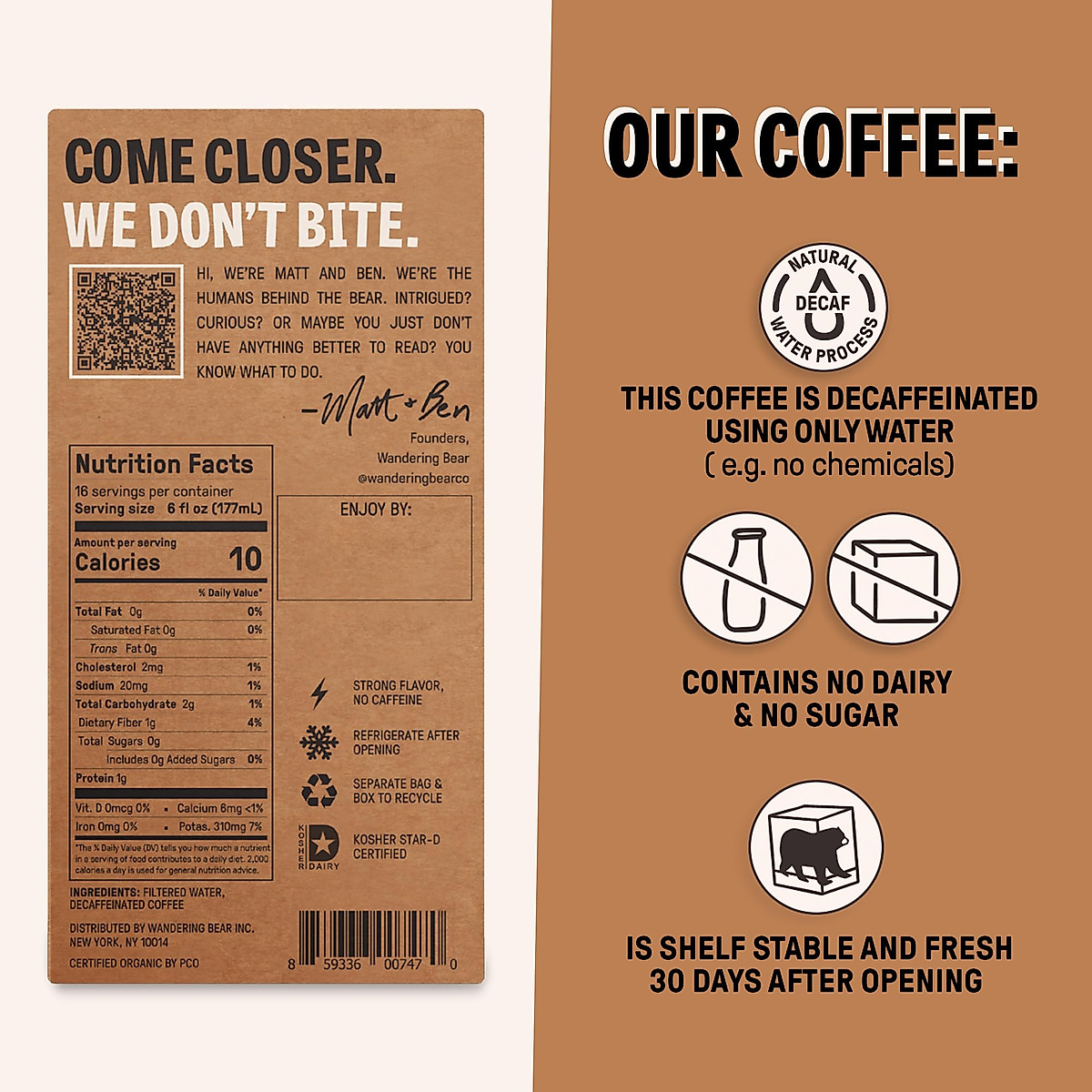 Wandering Bear DECAF Cold Brew Coffee On Tap, 96 fl oz - Extra Strong, Smooth, Unsweetened, Shelf-Stable, and Ready to Drink Iced Coffee, Cold Brewed Coffee, Cold Coffee