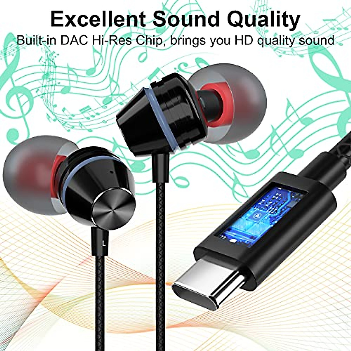 USB C Headphones with Mic for iPad Air 2024 Samsung S24 Ultra S23 S22 A55 A35 iPhone 15 Pro Max, USB Type C Wired Earbuds In-ear Headset for OnePlus Open 12 11 9 Galaxy Z Fold 5 Google Pixel 8 Pro 7 6