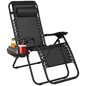 FDW Zero Gravity Chair Patio Chairs Lounge Patio Chaise 1 Pack Adjustable Reliners for Pool Yard with Cup Holder (Black)