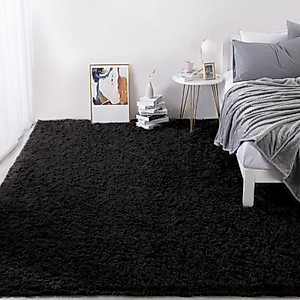 HOMBYS Shaggy Area Rug 9x12 Feet, Ultra Fuzzy Large Plush Faux Fur Carpet for Living Room Bedroom, Non-Skid Fuzzy Rug for Kids Playroom Home Decor, Black