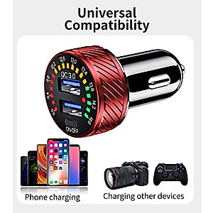 KEWIG Fast Car Charger, Dual QC3.0 Port USB Car Charger, 36W Quick Charge Car Phone Charger Adapter with Colorful Voltmeter & ON/Off Switch Fit for iPhone 13/12/11 Pro/Max/8, Galaxy S21/20 (Red)