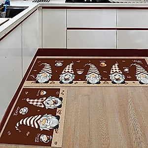 Coffee Gnomes Kitchen Mat Set 2 Piece Kitchen Rugs, Farmhouse Brown Coffee Beans Soft Non-Slip Rubber Backing Floor Mats Doormat Bathroom Runner Area Rug Carpet, 19.7x31.5in + 19.7x47.2in