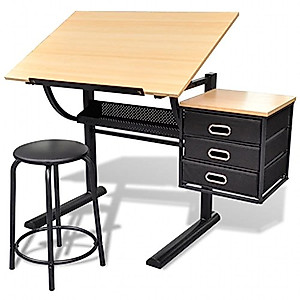 EstaHome Drafting Draft Desk with Stool and 3 Drawers | Tiltable Tabletop Drawing Table Art Desk for Reading, Writing Art Craft Work Station | Natural MDF and Iron Legs | 47" x 23.6" x 30.5"