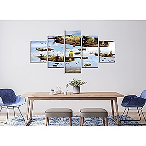 Martin B-26 Marauder Bomber Wall Decor WWII Military Aircraft Wall Art Picture Canvas Print Poster Painting Framed Home Living Room Bedroom Decoration 5 Pieces Ready to Hang(60''Wx32''H)