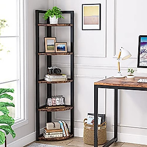 Tribesigns 5 Tier Corner Shelf, Rustic Corner Bookshelf Small Bookcase Storage Rack Plant Stand for Living Room, Home Office, Kitchen, Small Space (Brown)