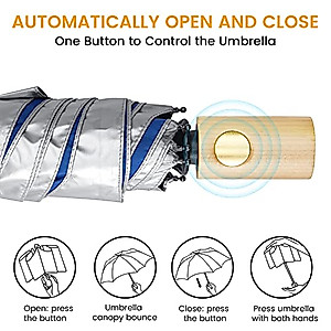 G4Free UPF 50+ UV Protection Travel Umbrella with Wooden Handle, 42 Inch Lightweight Sun Rain Folding Umbrellas Auto Open Close (Blue)