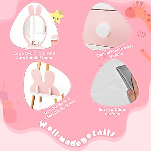 HONEY JOY Kids Vanity, Rabbit Themed Toddler Wooden Makeup Table and Chair Set w/2 Large Drawers, Beech Wood Legs, Princess Dressing Beauty Table, Girls Vanity Set with Mirror and Stool (Pink)