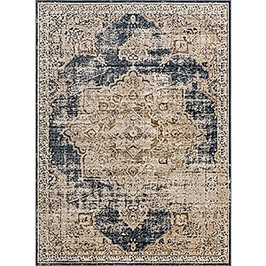 Unique Loom Chateau Collection Vintage, Distressed, Medallion, Rustic, Traditional Area Rug, 9' 0" x 12' 0", Beige/Navy Blue