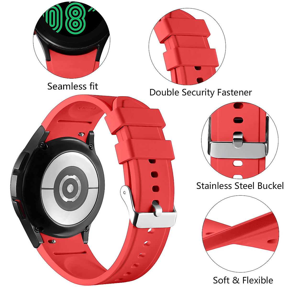 Lerobo No Gap Band Compatible with Samsung Galaxy Watch 7 6 5 4, 40mm 44mm/5 Pro 45mm/4 Classic 46mm 42mm, 20mm Sport Strap Wristband for Men Women, Red