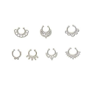 Honbay 7pcs Mix Style Silver Fake Septum Clicker Nose Ring Non Piercing Hanger Clip Body Jewelry