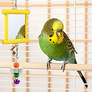 2 Pieces Chicken Mirror Toys Hanging Swing Mirror Toys with Bell Wooden Pecking Toy and 4 Pieces Beak Grinding Molar Stones for Hens Birds Parrots