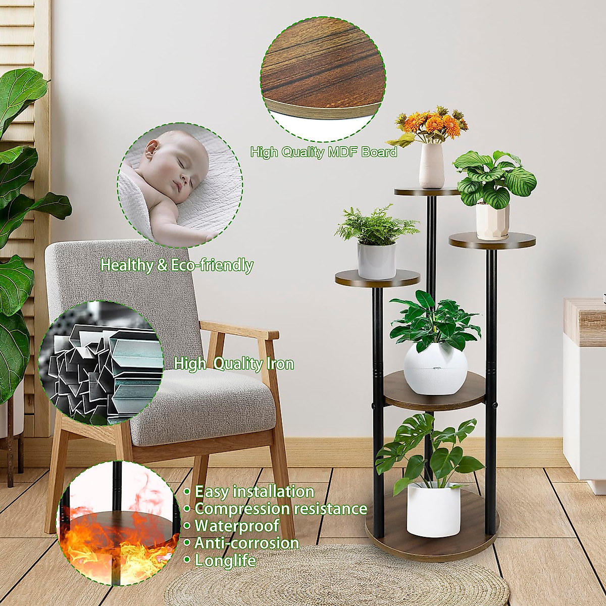 Koalaime 5 Tier Plant Stand Indoor, Metal Wood Plant Stands For Indoor Plants Multiple, Corner Flower Pot Stand Tiered Plants Shelf Stands for Living Room Bedroom, Brown