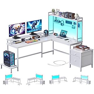 Furologee White L Shaped Gaming Desk with LED Strips and Power Outlets, 64" Reversible L Computer Office Desk with Pegboard and Fabric File Drawer, Coner Desk with Monitor Stand and Hutch