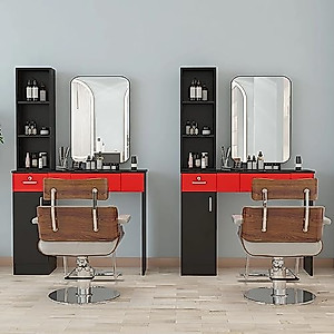 JOUUQZ Makeup Vanity Desk Modern Dressing Tables Set 2 with 2 Drawers, 1 Storage Cabinet and 3 Open Storage Shelves, Women Girls Bedroom Makeup Table Without Mirror, Black Red