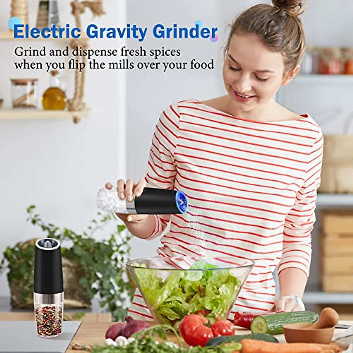 2Pcs Gravity Electric Salt and Pepper Grinder Set, Battery Powered LED Light One Hand Automatic Operation, Adjustable Coarseness Mill Grinders Shakers Black, Kitchen Gadgets Gift Ideas