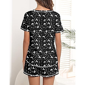 Ekouaer Women's Pajamas Sets Short Sleeve Lounge Sets Sleepwear Casual Two Piece Pjs With Pockets Black Moon Star XL