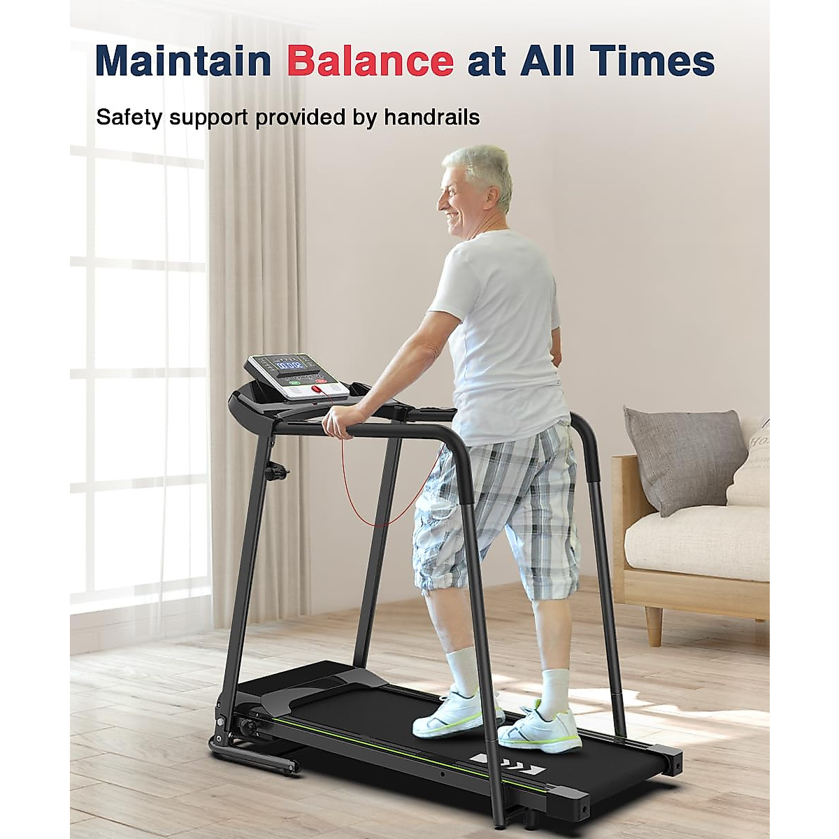 Redliro Walking Treadmill for Senior with Long Handrail, 300 lbs Capacity, Recovery Fitness Exercise Machine Foldable for Home with LCD Display, Holder for Phone & Cup