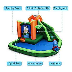 HONEY JOY Inflatable Water Slide Bounce House, 6 in 1 Outdoor Bouncy Water Park w/Splash Pool, Slide & Cannon, Climbing Wall, Penguin Blow Up Water Slides for Kids Backyard(with 735w Blower)