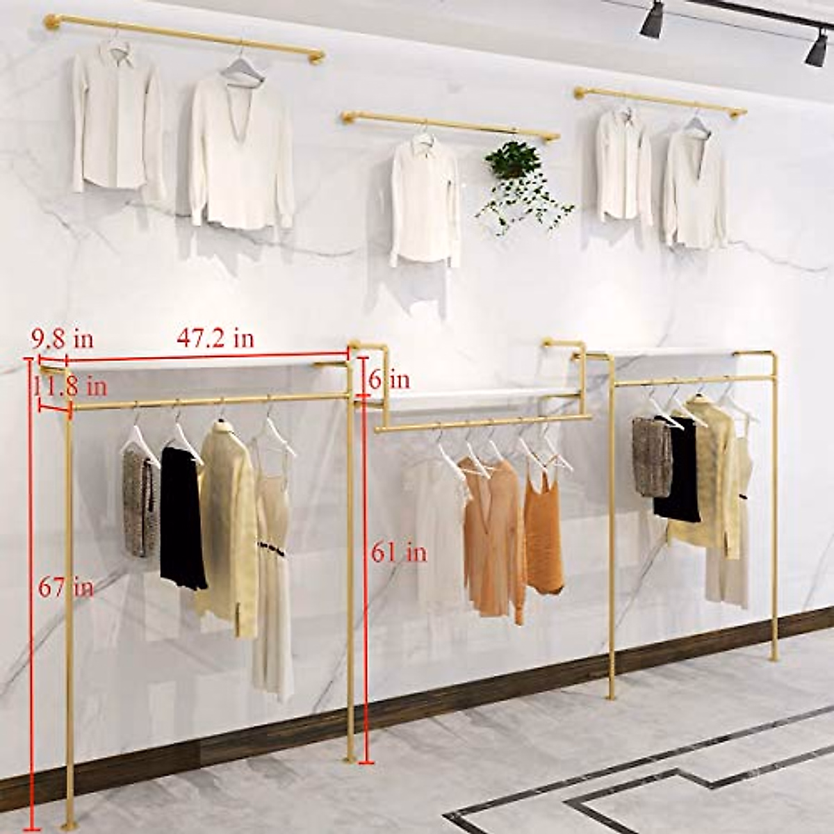 Ethemiable Simple Metal Wood Clothing Store Display Stands, Entrance Porch Organization Hanging Garment Rack,Wall Mounted Storage Clothes Shoe Bag Pipe Shelf, Home Bookcase Towel Rack (Gold, 47.2" L)